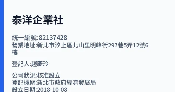 泰洋企業社的照片-統編 82137428(新北市) 公司登記資料與營業項目詳細圖表