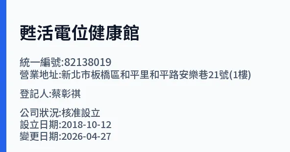 甦活電位健康館的照片-統編 82138019(新北市) 公司登記資料與營業項目詳細圖表