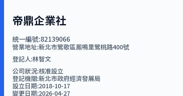 帝鼎企業社的照片-統編 82139066(新北市) 公司登記資料與營業項目詳細圖表