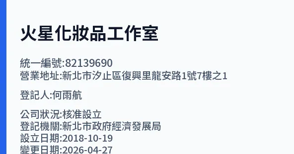 火星化妝品工作室的照片-統編 82139690(新北市) 公司登記資料與營業項目詳細圖表