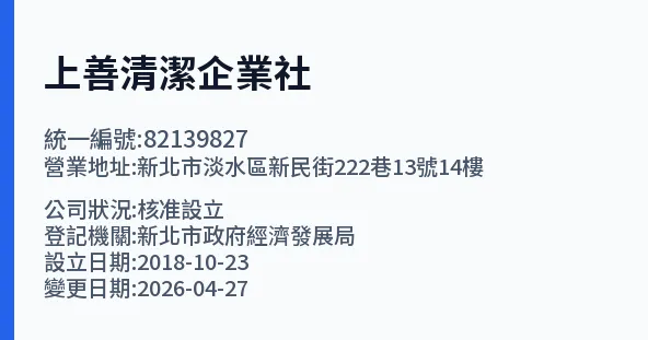 上善清潔企業社的照片-統編 82139827(新北市) 公司登記資料與營業項目詳細圖表