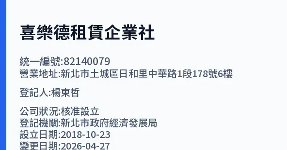 喜樂德租賃企業社的照片-統編 82140079(新北市) 公司登記資料與營業項目詳細圖表