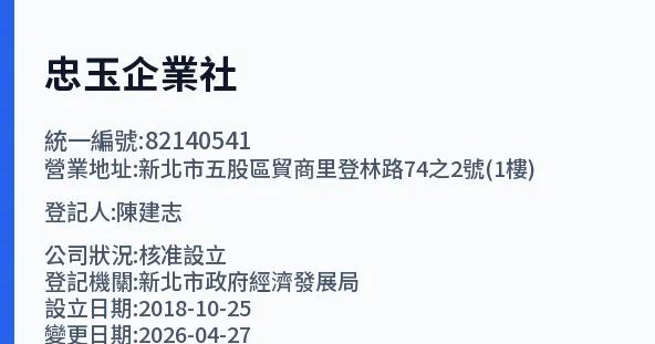 忠玉企業社的照片-統編 82140541(新北市) 公司登記資料與營業項目詳細圖表