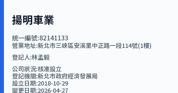 揚明車業的照片-統編 82141133(新北市) 公司登記資料與營業項目詳細圖表