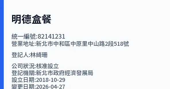 明德盒餐的照片-統編 82141231(新北市) 公司登記資料與營業項目詳細圖表