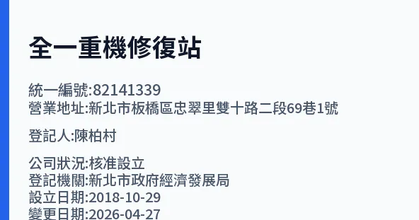 全一重機修復站的照片-統編 82141339(新北市) 公司登記資料與營業項目詳細圖表