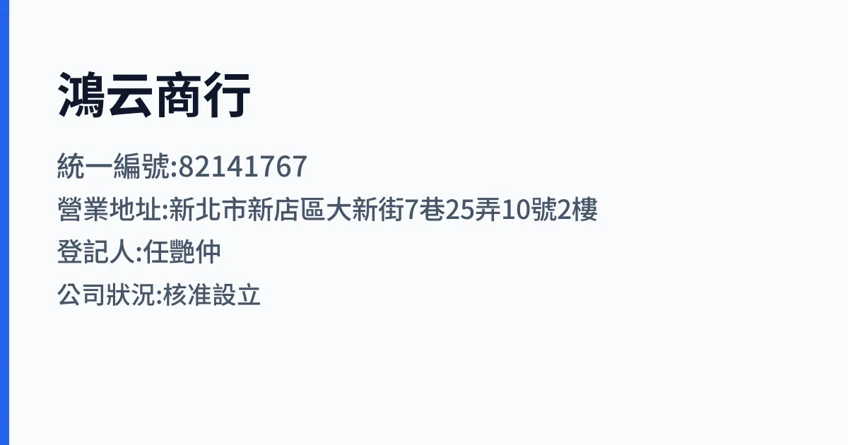 鴻云商行 - 統編 82141767(新北市) 公司登記資料與營業項目詳細圖表