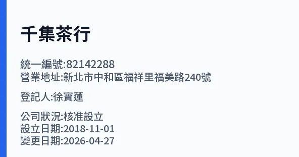 千集茶行的照片-統編 82142288(新北市) 公司登記資料與營業項目詳細圖表