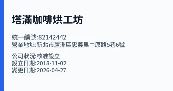 塔滿咖啡烘工坊的照片-統編 82142442(新北市) 公司登記資料與營業項目詳細圖表