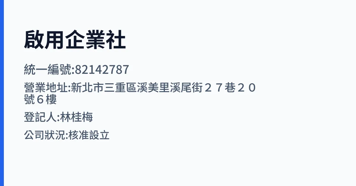 啟用企業社 - 統編 82142787(新北市) 公司登記資料與營業項目詳細圖表