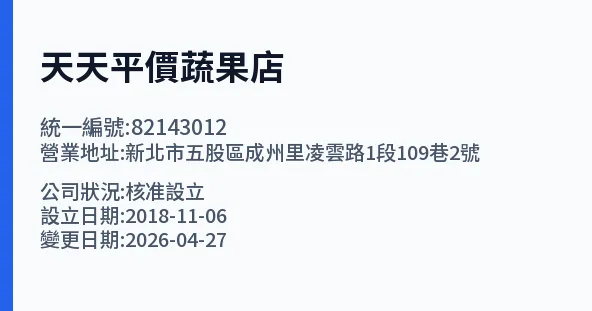 天天平價蔬果店的照片-統編 82143012(新北市) 公司登記資料與營業項目詳細圖表