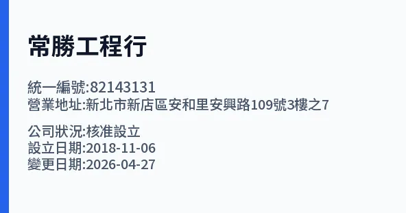 常勝工程行的照片-統編 82143131(新北市) 公司登記資料與營業項目詳細圖表