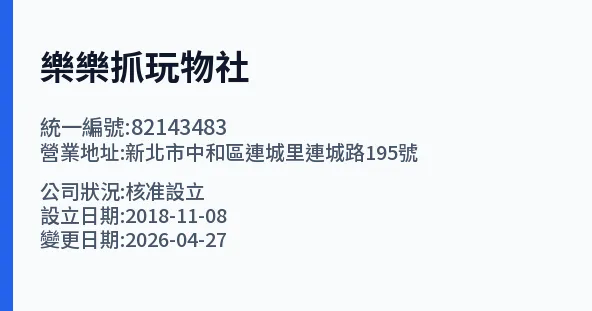 樂樂抓玩物社的照片-統編 82143483(新北市) 公司登記資料與營業項目詳細圖表