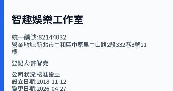 智趣娛樂工作室的照片-統編 82144032(新北市) 公司登記資料與營業項目詳細圖表