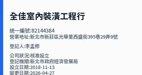 全佳室內裝潢工程行的照片-統編 82144384(新北市) 公司登記資料與營業項目詳細圖表