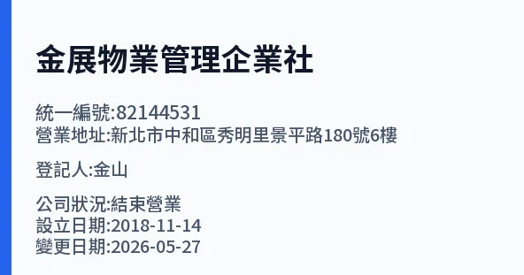 金展物業管理企業社的照片-統編 82144531(新北市) 公司登記資料與營業項目詳細圖表