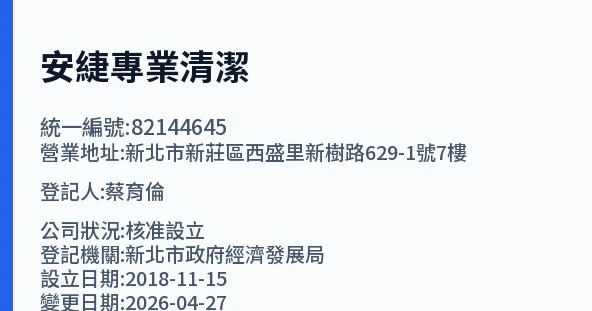 安緁專業清潔的照片-統編 82144645(新北市) 公司登記資料與營業項目詳細圖表