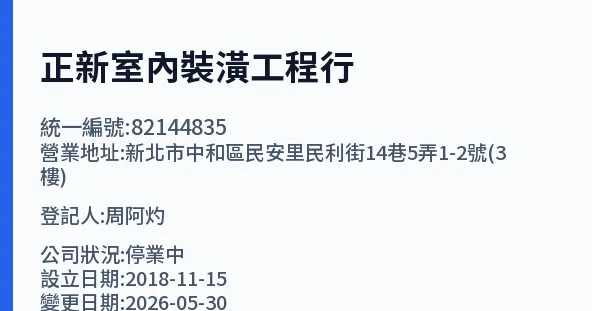 正新室內裝潢工程行的照片-統編 82144835(新北市) 公司登記資料與營業項目詳細圖表