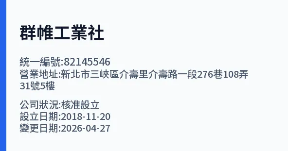 群帷工業社的照片-統編 82145546(新北市) 公司登記資料與營業項目詳細圖表