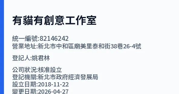 有貓有創意工作室的照片-統編 82146242(新北市) 公司登記資料與營業項目詳細圖表