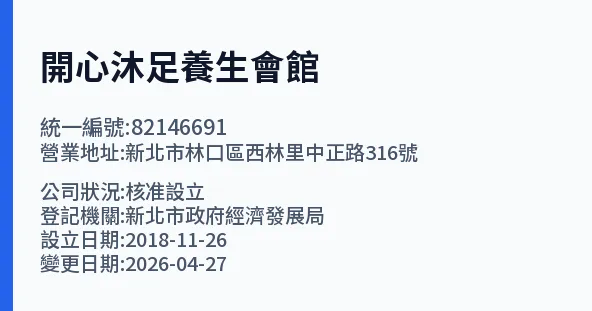 開心沐足養生會館的照片-統編 82146691(新北市) 公司登記資料與營業項目詳細圖表
