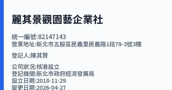 麗其景觀園藝企業社的照片-統編 82147143(新北市) 公司登記資料與營業項目詳細圖表