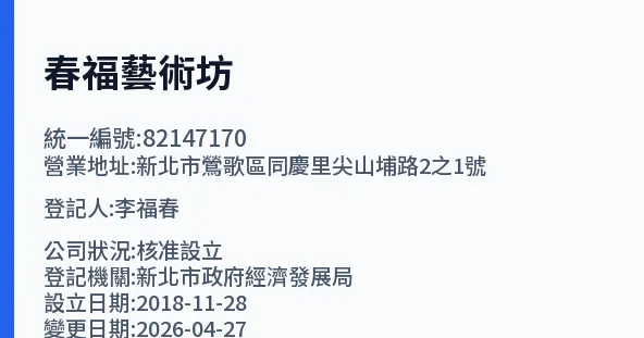 春福藝術坊的照片-統編 82147170(新北市) 公司登記資料與營業項目詳細圖表