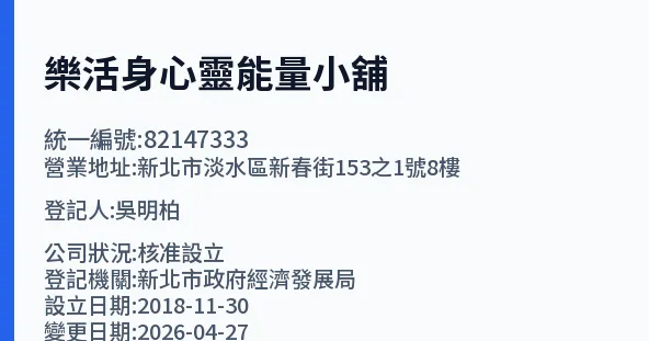 樂活身心靈能量小舖的照片-統編 82147333(新北市) 公司登記資料與營業項目詳細圖表