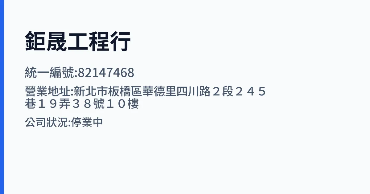 鉅晟工程行 - 統編 82147468(新北市) 公司登記資料與營業項目詳細圖表