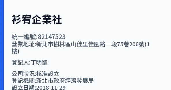 衫宥企業社的照片-統編 82147523(新北市) 公司登記資料與營業項目詳細圖表