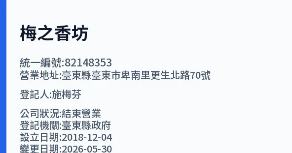 梅之香坊的照片-統編 82148353(臺東縣) 公司登記資料與營業項目詳細圖表