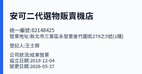 安可二代選物販賣機店的照片-統編 82148425(新北市) 公司登記資料與營業項目詳細圖表