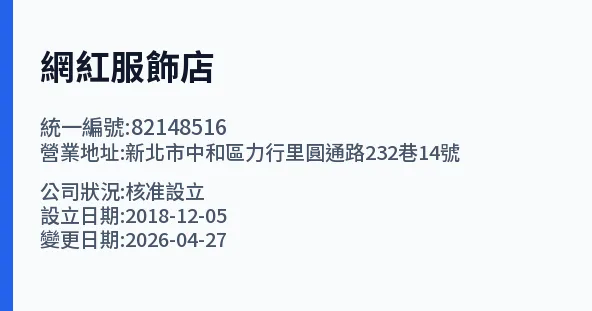 網紅服飾店的照片-統編 82148516(新北市) 公司登記資料與營業項目詳細圖表