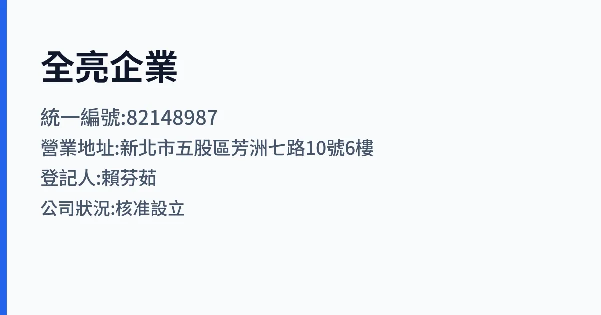 全亮企業 - 統編 82148987(新北市) 公司登記資料與營業項目詳細圖表