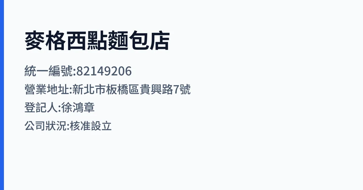 麥格西點麵包店 - 統編 82149206(新北市) 公司登記資料與營業項目詳細圖表
