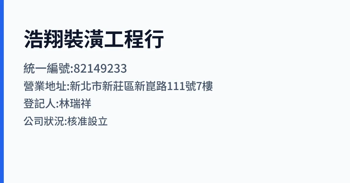 浩翔裝潢工程行 - 統編 82149233(新北市) 公司登記資料與營業項目詳細圖表