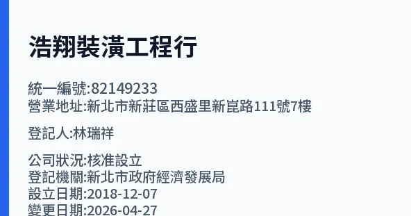 浩翔裝潢工程行的照片-統編 82149233(新北市) 公司登記資料與營業項目詳細圖表