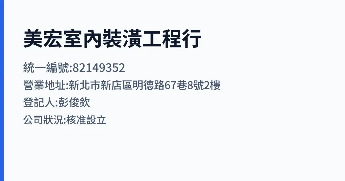 美宏室內裝潢工程行 - 統編 82149352(新北市) 公司登記資料與營業項目詳細圖表