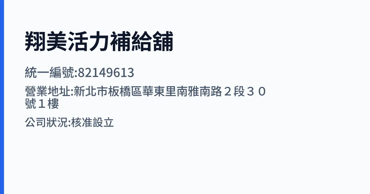 翔美活力補給舖 - 統編 82149613(新北市) 公司登記資料與營業項目詳細圖表