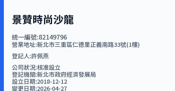 景贊時尚沙龍的照片-統編 82149796(新北市) 公司登記資料與營業項目詳細圖表