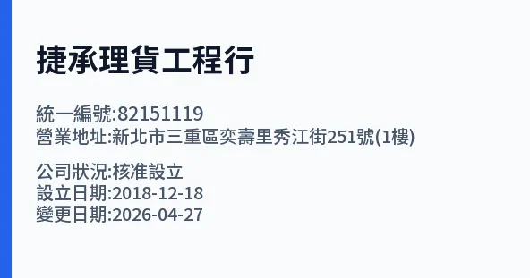 捷承理貨工程行的照片-統編 82151119(新北市) 公司登記資料與營業項目詳細圖表