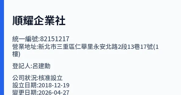 順耀企業社的照片-統編 82151217(新北市) 公司登記資料與營業項目詳細圖表