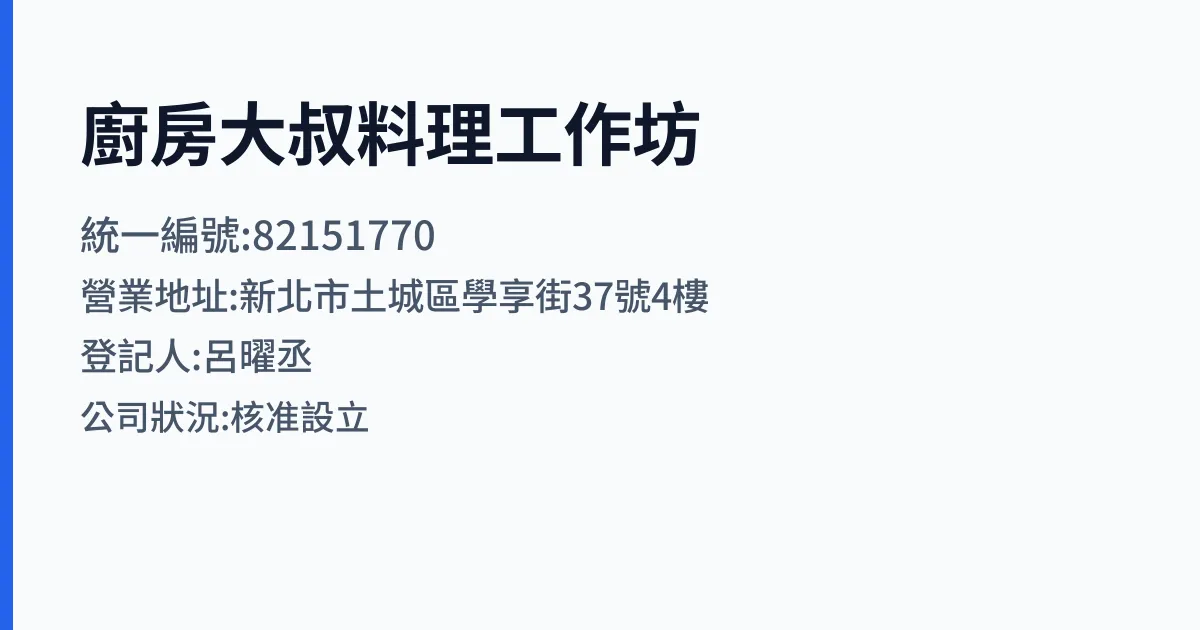 廚房大叔料理工作坊 - 統編 82151770(新北市) 公司登記資料與營業項目詳細圖表