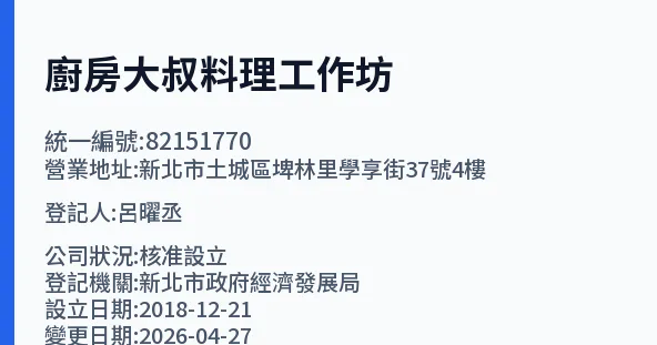 廚房大叔料理工作坊的照片-統編 82151770(新北市) 公司登記資料與營業項目詳細圖表