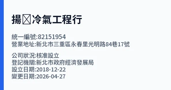揚勲冷氣工程行的照片-統編 82151954(新北市) 公司登記資料與營業項目詳細圖表