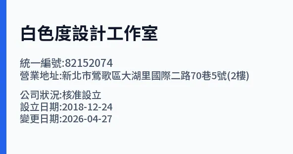 白色度設計工作室的照片-統編 82152074(新北市) 公司登記資料與營業項目詳細圖表