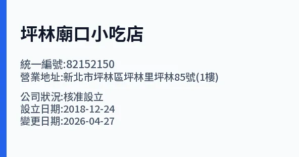 坪林廟口小吃店的照片-統編 82152150(新北市) 公司登記資料與營業項目詳細圖表
