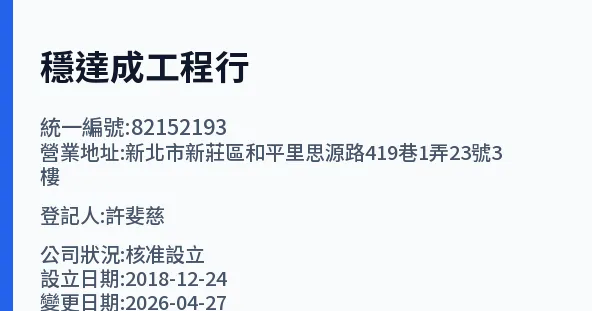 穩達成工程行的照片-統編 82152193(新北市) 公司登記資料與營業項目詳細圖表