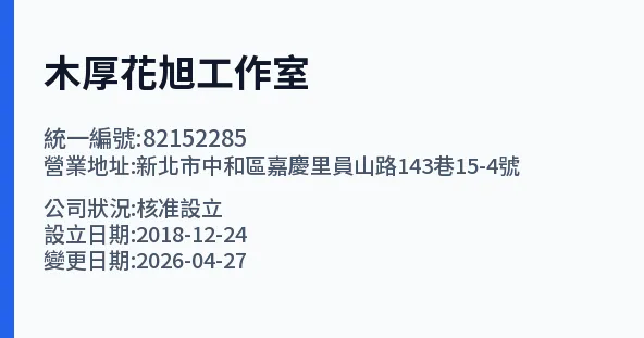 木厚花旭工作室的照片-統編 82152285(新北市) 公司登記資料與營業項目詳細圖表