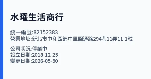 水曜生活商行的照片-統編 82152383(新北市) 公司登記資料與營業項目詳細圖表